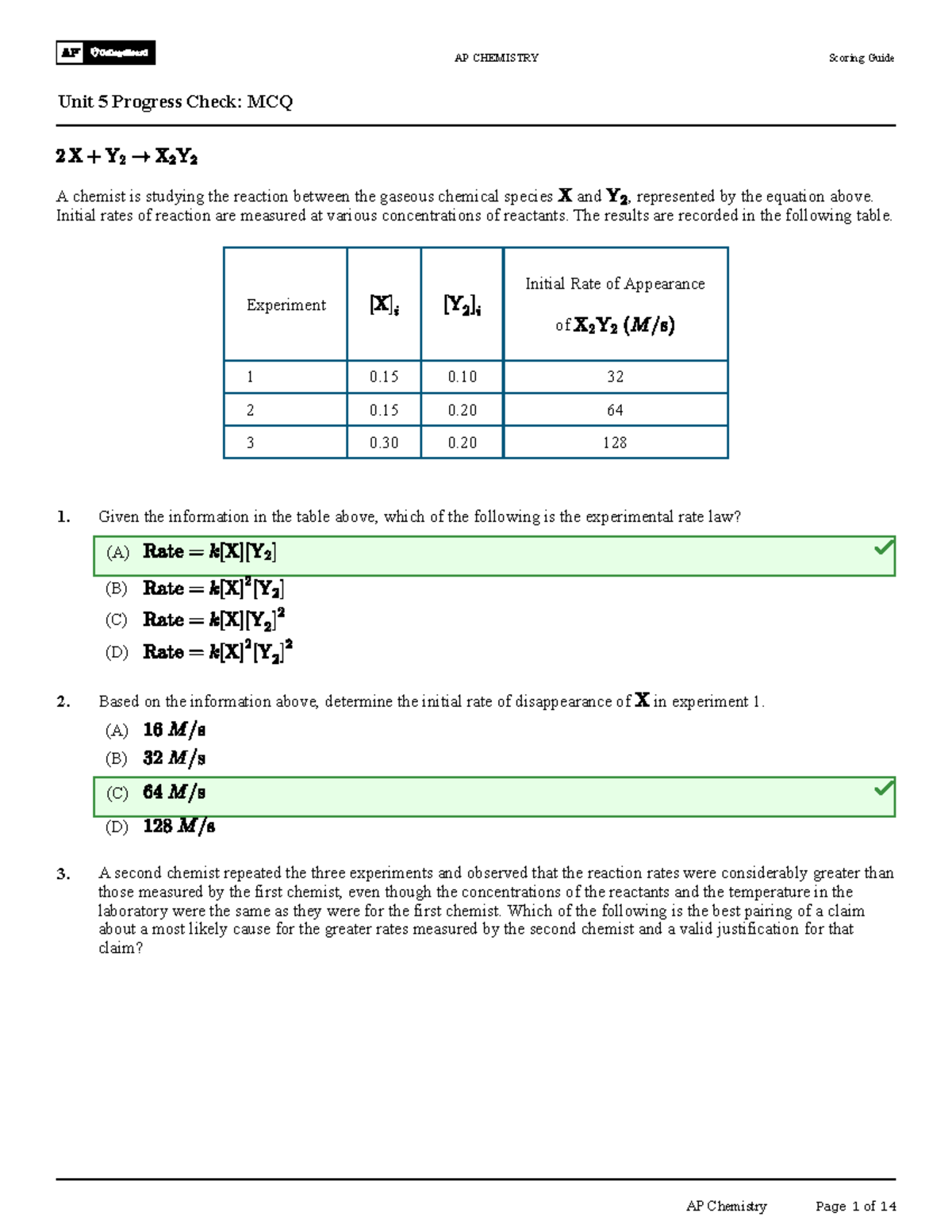 AP CHEMISTRY 628731913 Unit 5 Practice KEY - Detailed MCQ Review - Studocu