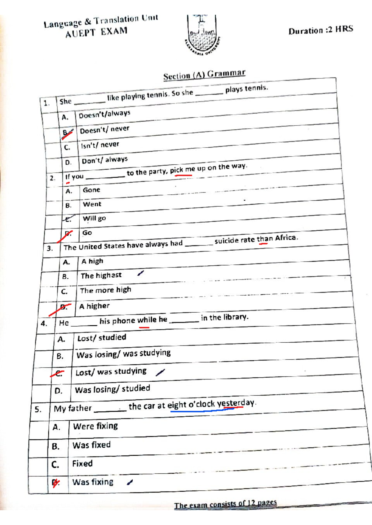 AUEPT-1 Language Translation Exam: Grammar and Listening Sections - Studocu