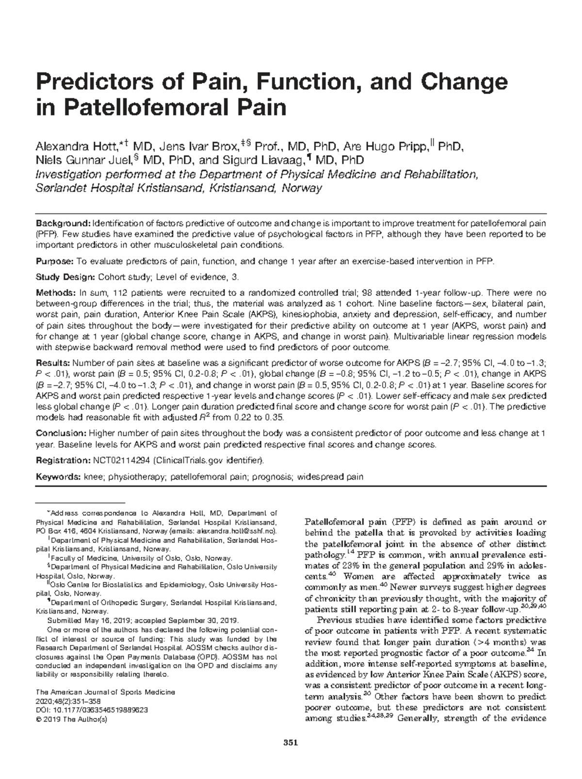 Predictors of Pain and Function in Patellofemoral Pain: A Cohort Study ...