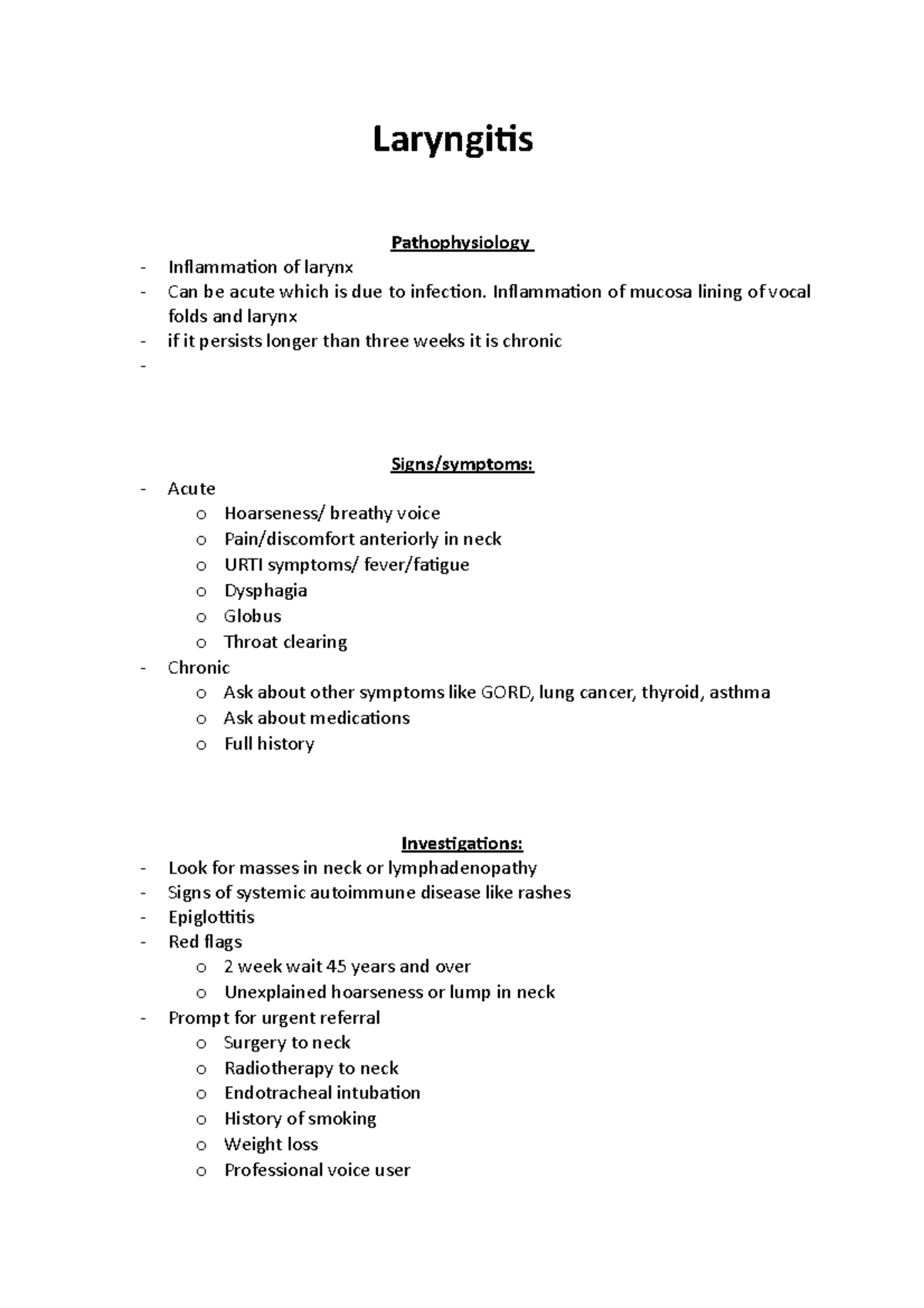 Laryngitis Notes: Overview, Causes, Symptoms, and Management - Studocu