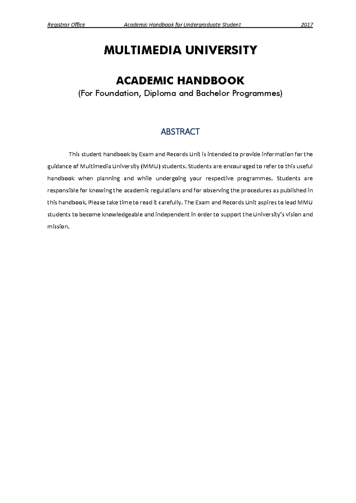 Multimedia University (MMU) Academic Handbook Overview - Studocu