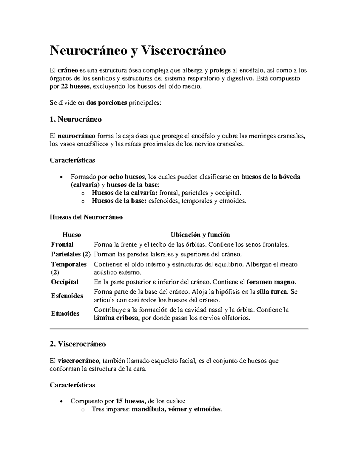 Neurocráneo y Viscerocráneo: Estructura y Funciones del Cráneo - Studocu
