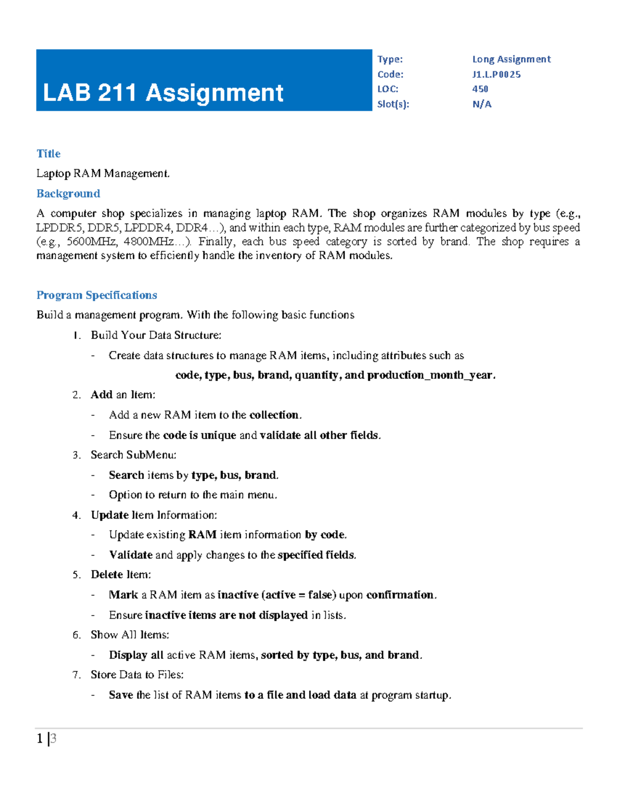 20 09 2024 J1 - eejdkajdjk - 1 | 3 LAB 211 Assignment Type: Long ...