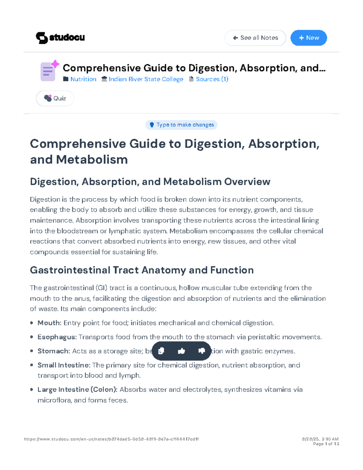 Comprehensive Study Guide: Digestion, Absorption, & Metabolism (NUTR 101) - Studocu