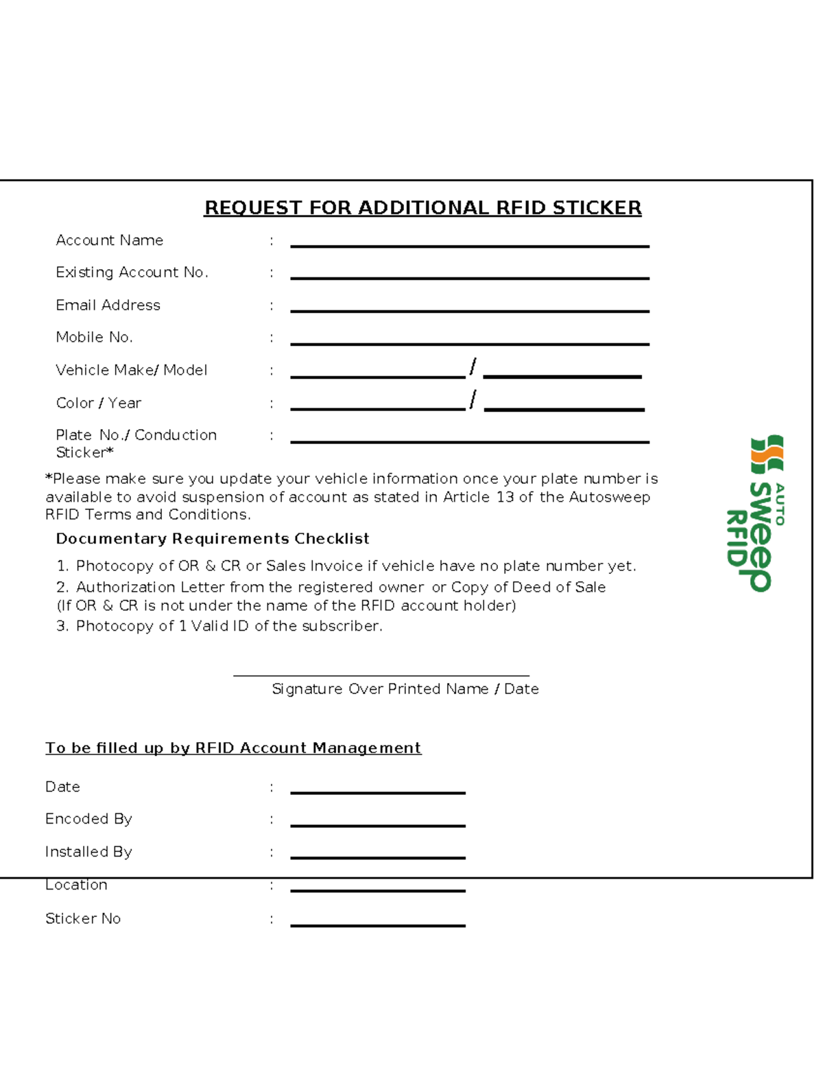 Additional RFID Sticker Request Form for Account Updates - Studocu