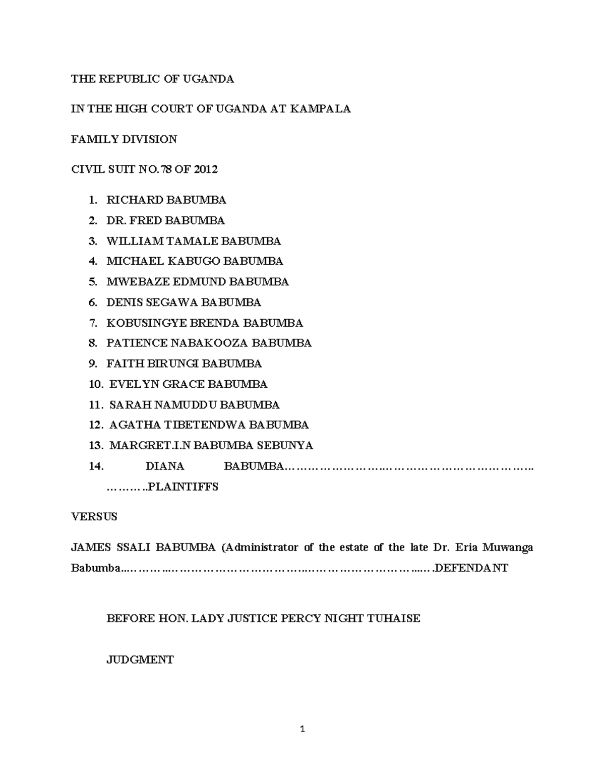 Babumba & Ors v. SSali Babumba: Judgment in Civil Suit No. 78/2012 ...
