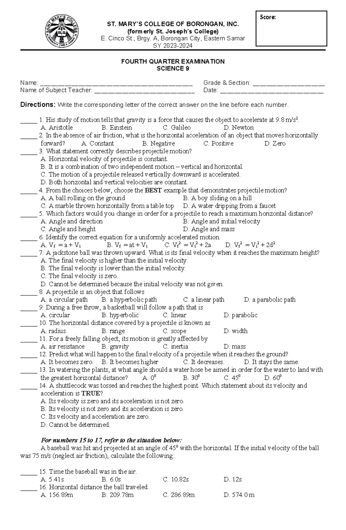 Science 9 4th Quarter Exam Guide and Answer Key - Studocu