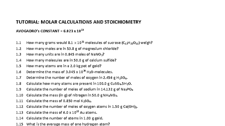 TUTORIAL: MOLAR CALCULATIONS AND STOICHIOMETRY (CHEM 101) - Studocu
