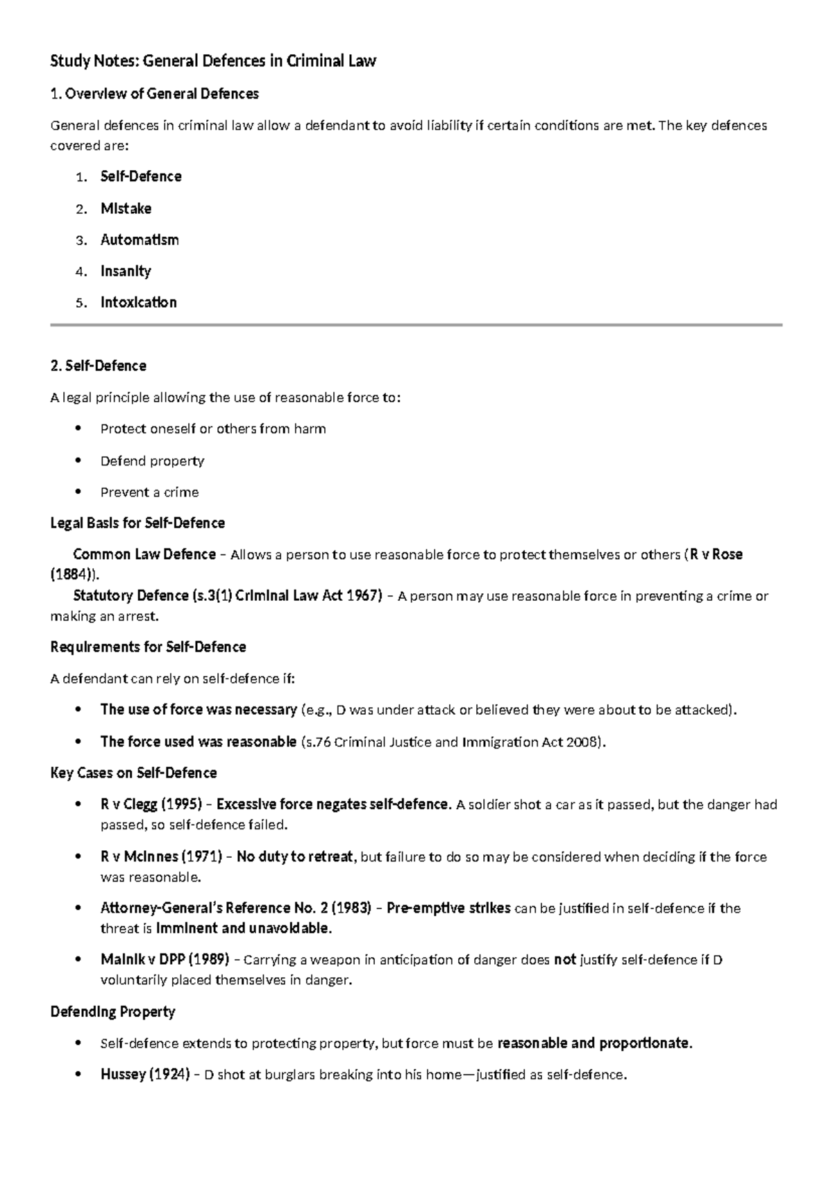 General Defences in Criminal Law (CL1) - Study Notes and Key Cases ...