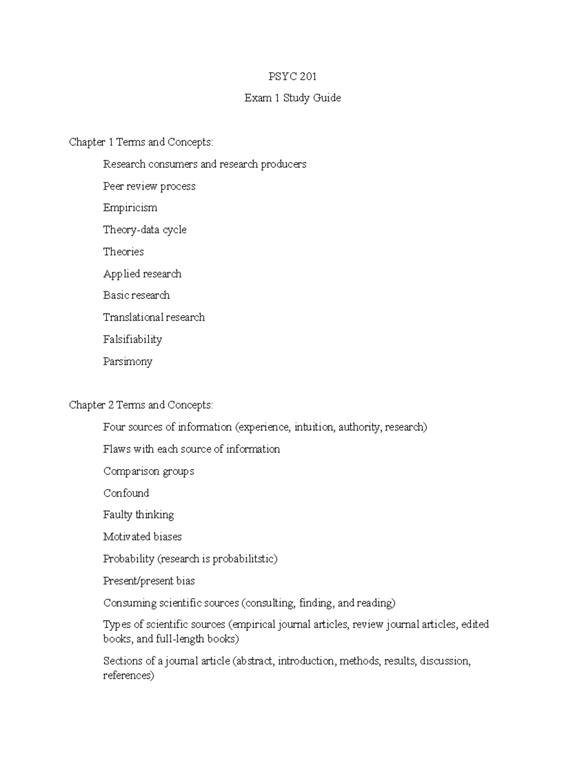 PSYC 201 Exam 1 Study Guide: Key Concepts & Terms Overview - Studocu