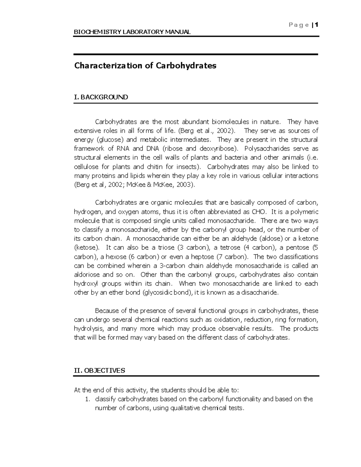 BIOC 101: Characterization of Carbohydrates Laboratory Experiment - Studocu