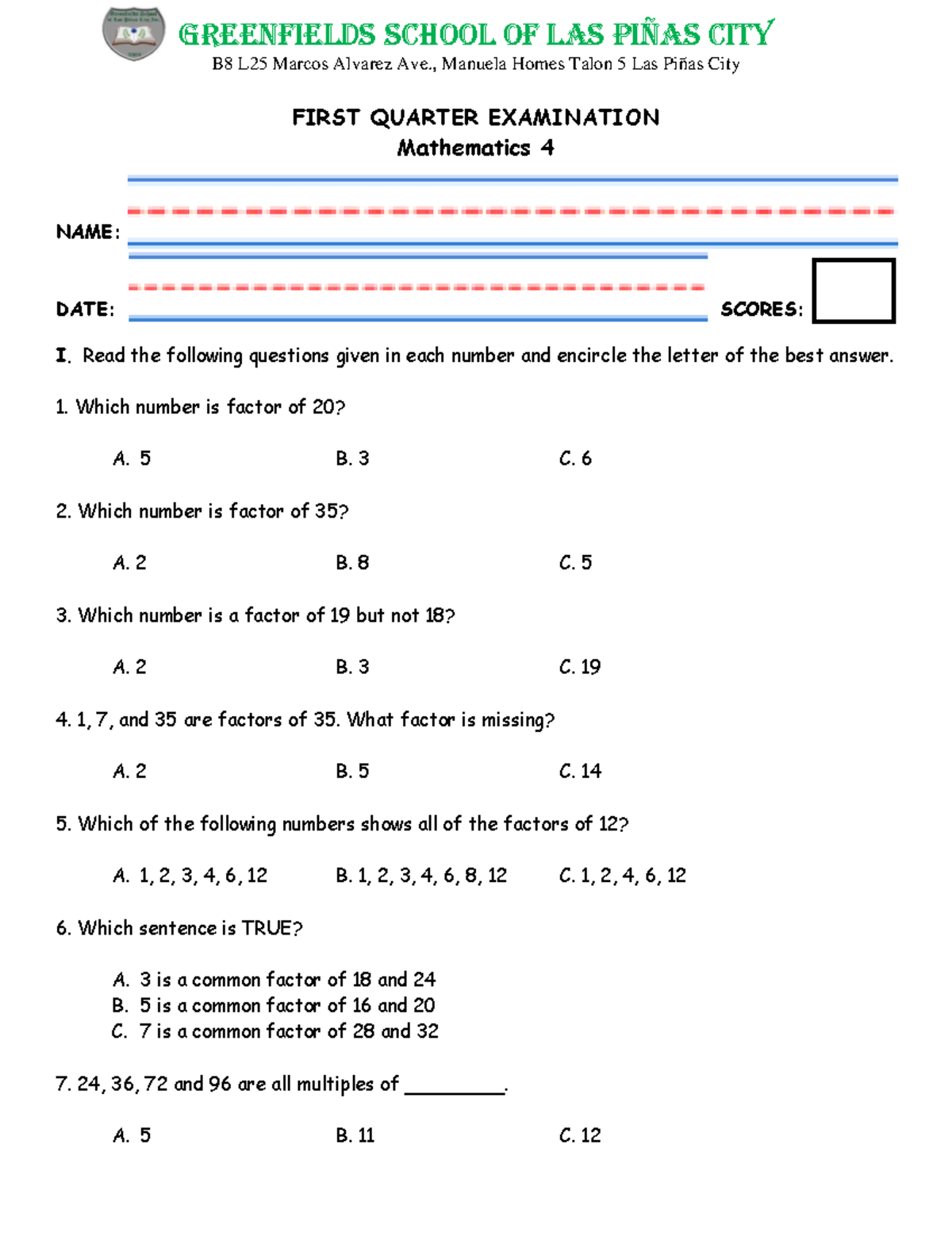 Mathematics 4 - First Quarter Exam Review for Science 6 - Studocu