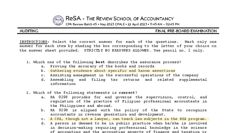 AUDITING FINAL EXAMINATION QUESTIONS & ANSWERS - ReSA B45 CPALE - Studocu