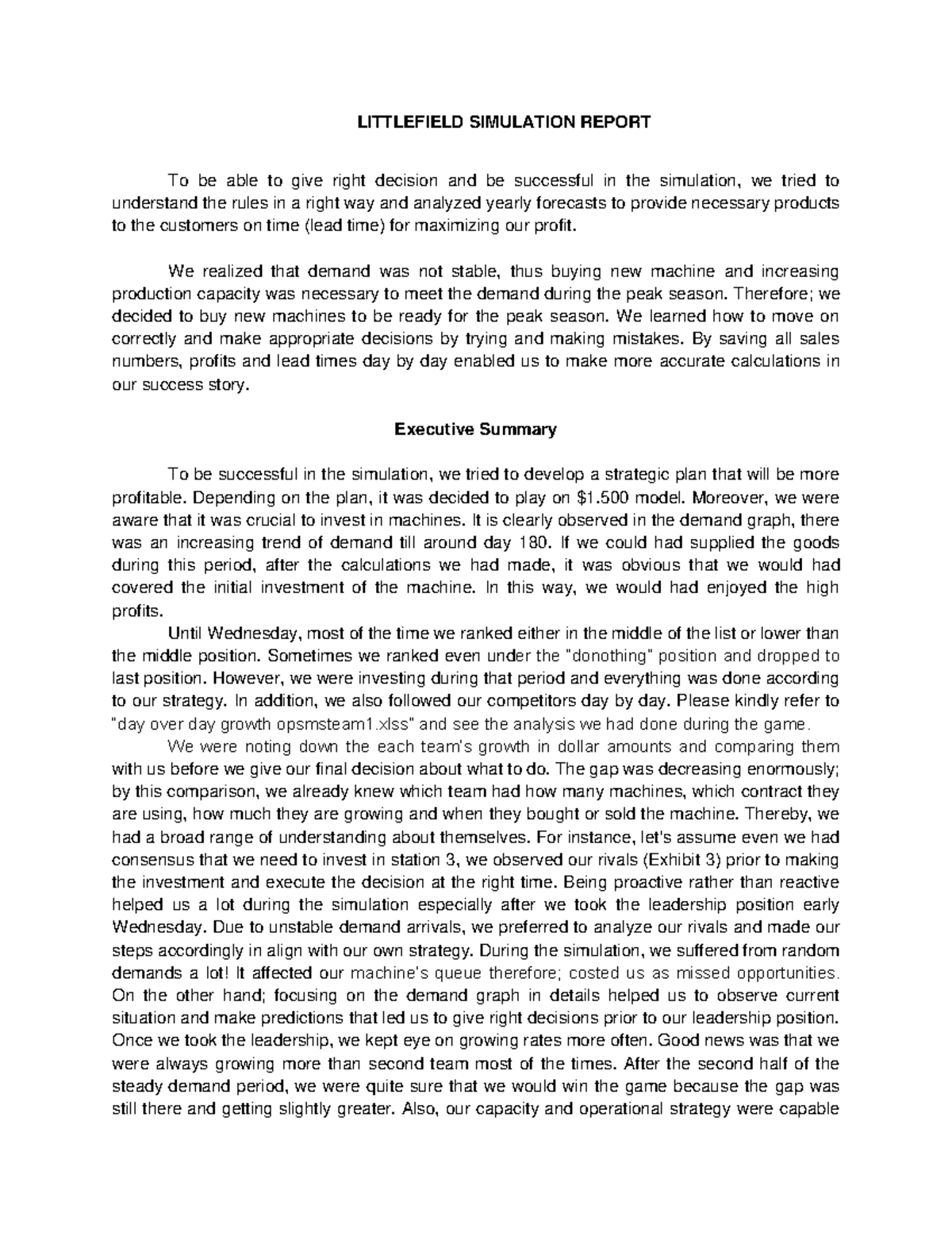 Littlefield Simulation Report Analysis & Strategy (BUS 101) - Studocu
