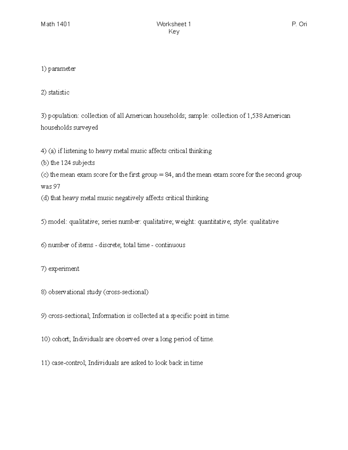 Math 1401 Worksheet 1a - Key Answers and Explanations - Studocu