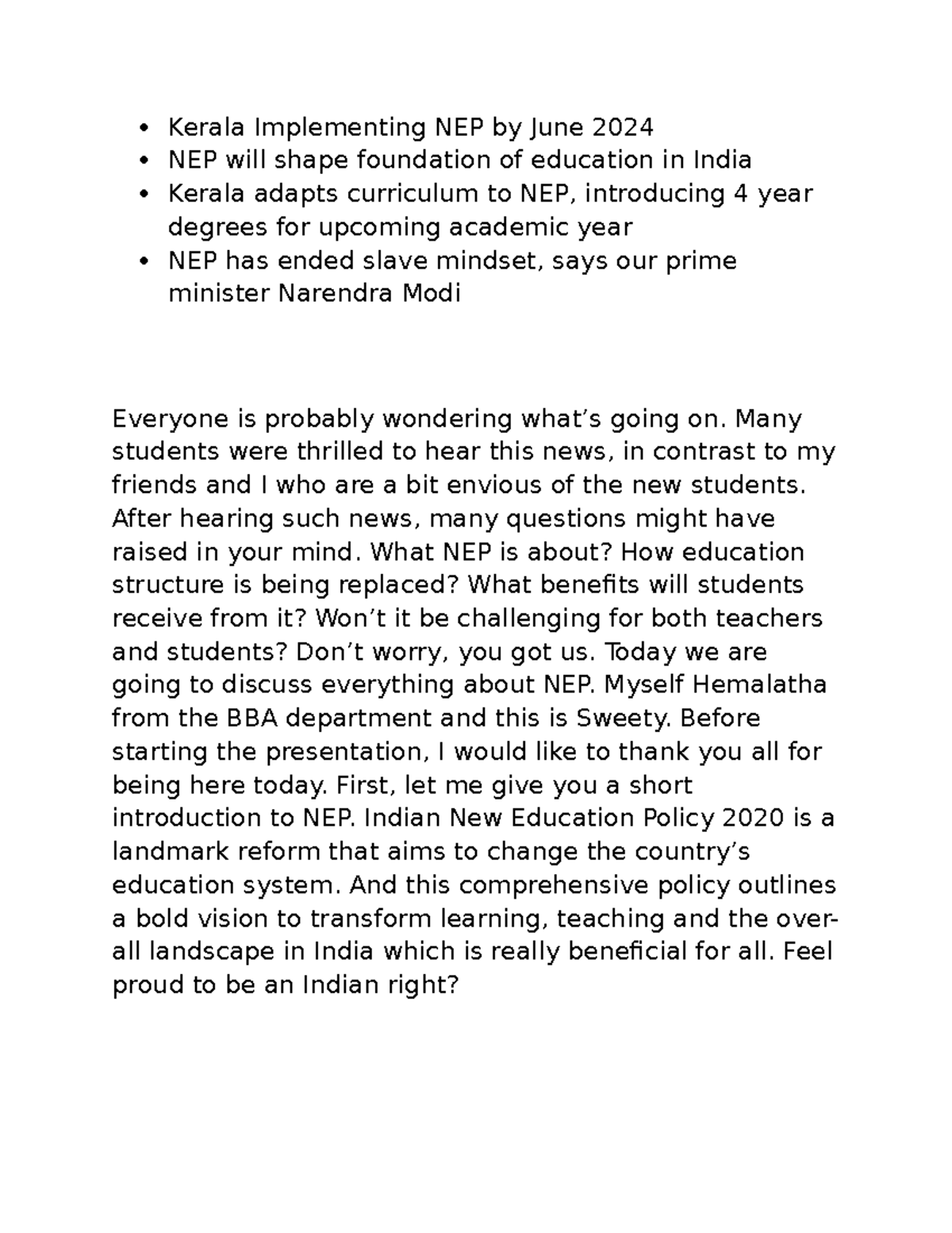 Script 1 - Kerala Implementing NEP by June 2024 NEP will shape ...