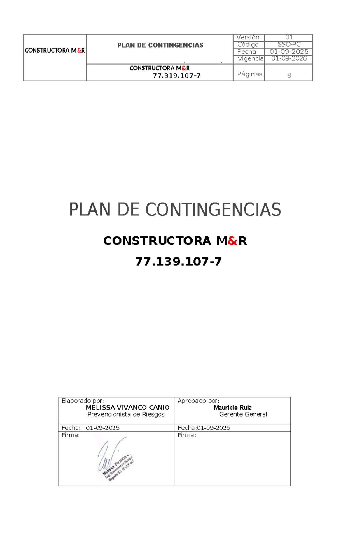Plan de Contingencias Constructora MYR - Versión 01 - Studocu