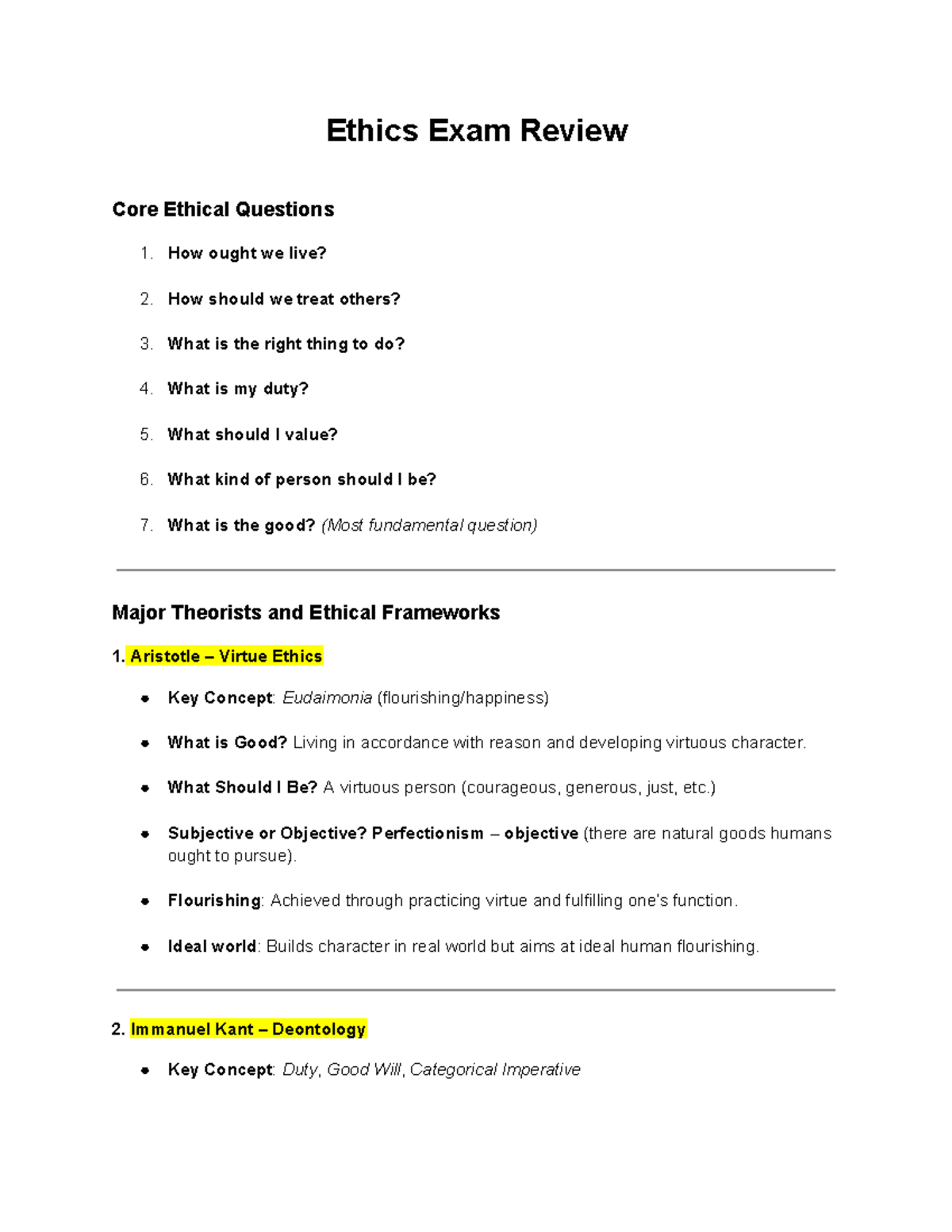 Ethics Exam Review: Core Questions and Key Theorists Analysis - Ethics ...