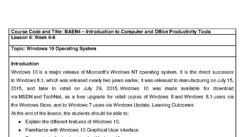 BAEN4 Lesson 6: Intro to Windows 10 OS Features and Setup - Studocu