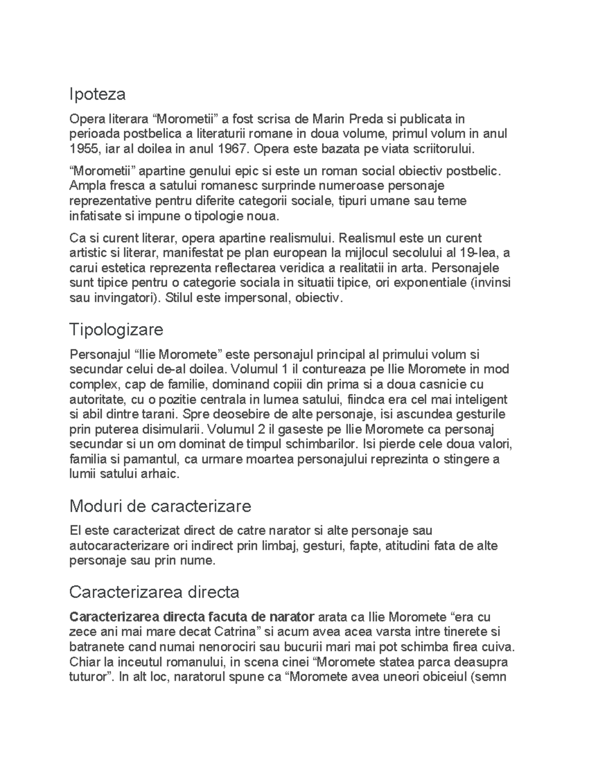 Caracterizarea lui Ilie Moromete în opera lui Marin Preda - Jerry - Studocu