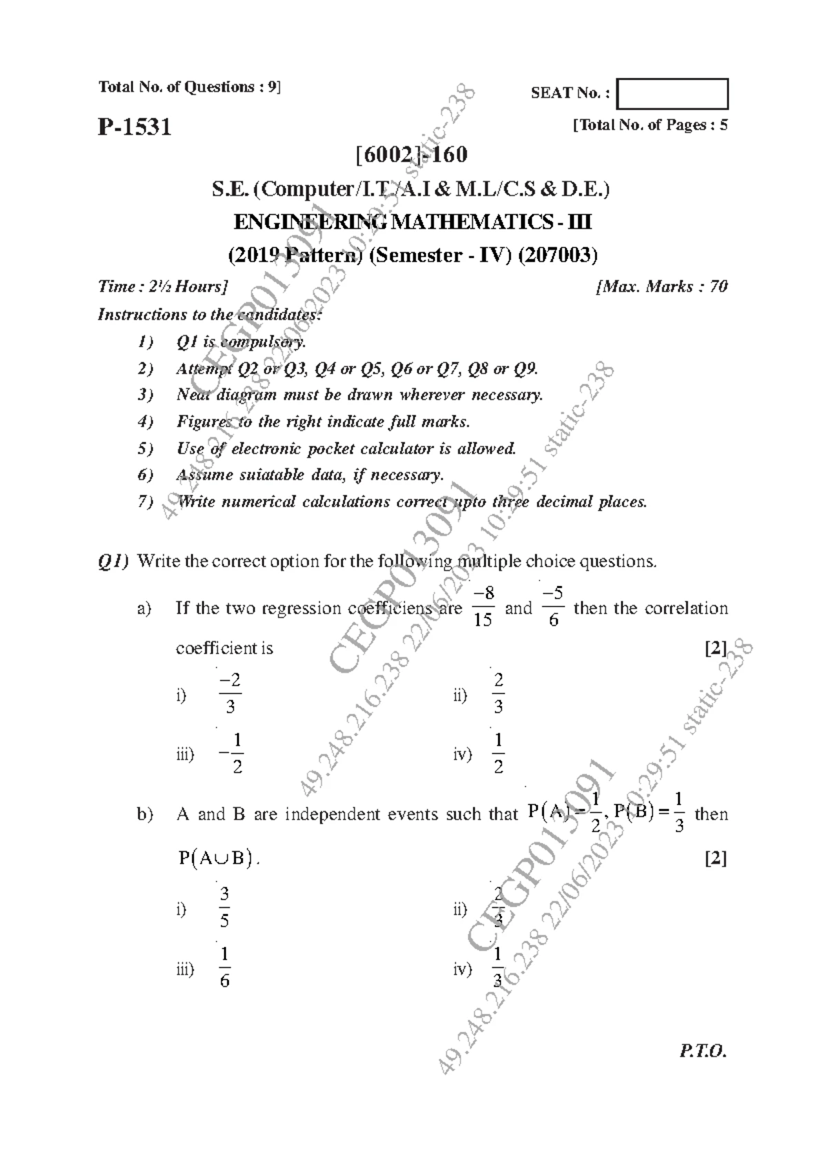 question paper of M3 SPPU - Total No. of Questions : 9] [6179]- S ...