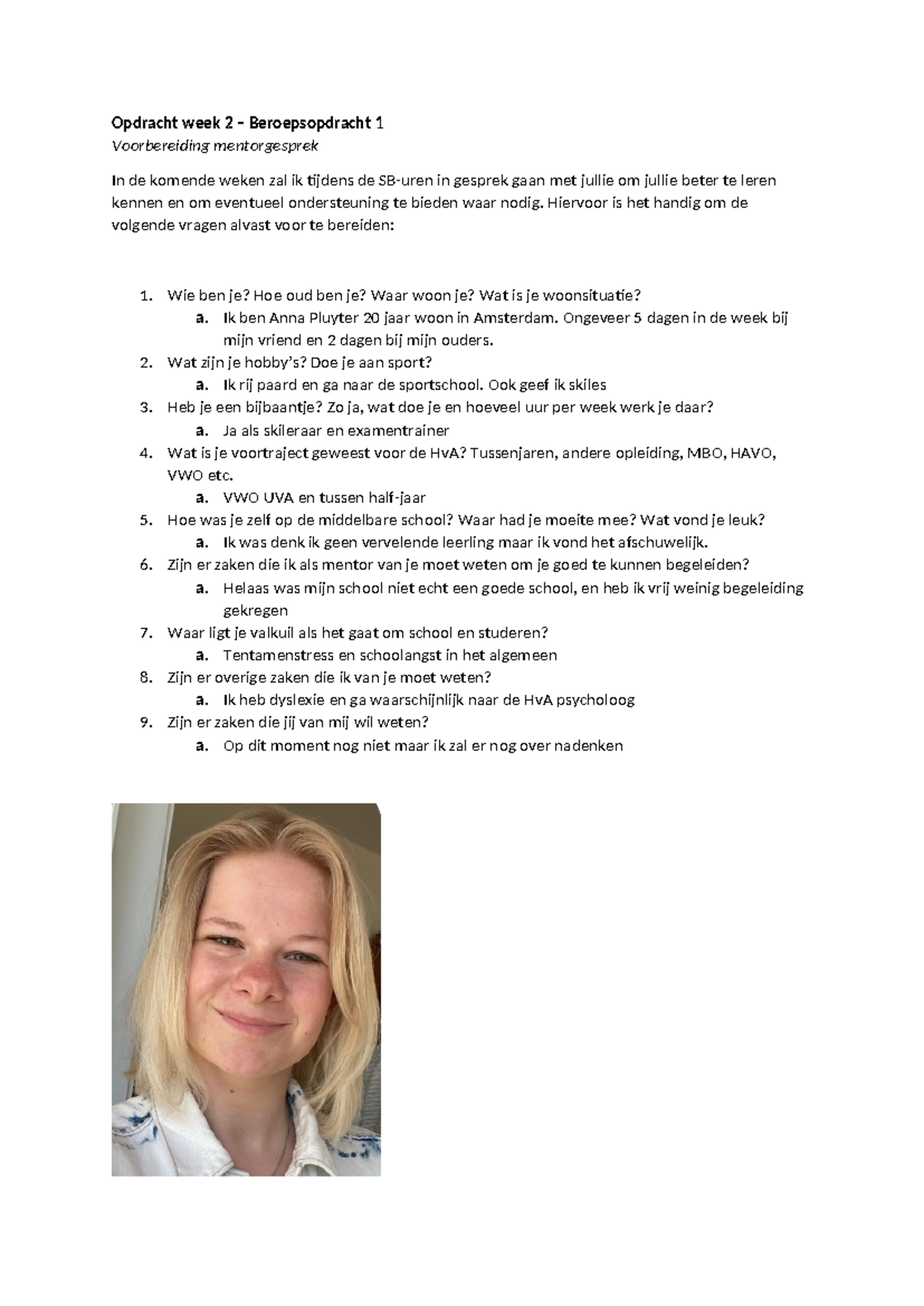 BO1 Opdracht 4 - Voorbereiding Mentorgesprek met Anna - Studocu