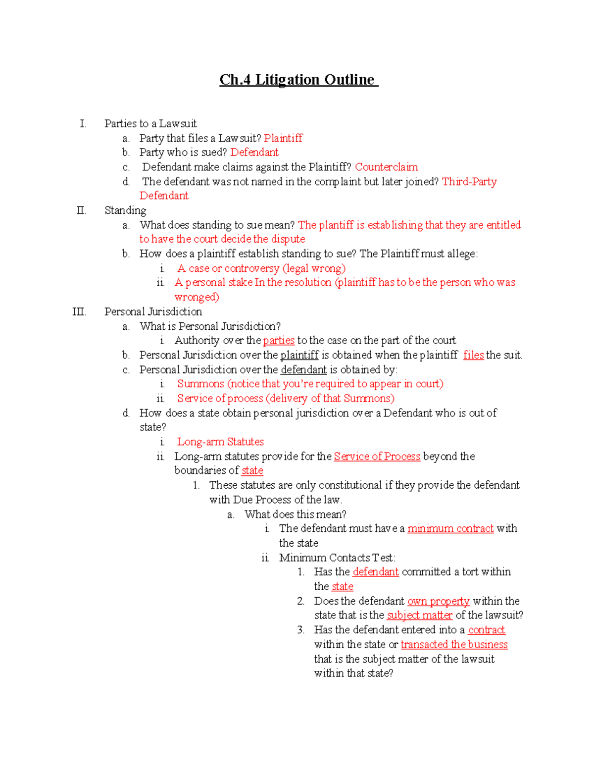 Litigation Process Outline: Legal Concepts & Pretrial Procedures (Ch. 4 ...