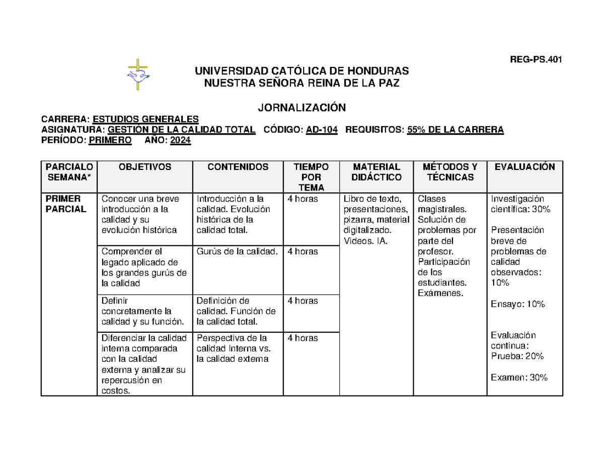 REG-PS.401 Jornalización para Gestión de Calidad Total - Parciales 2024 ...