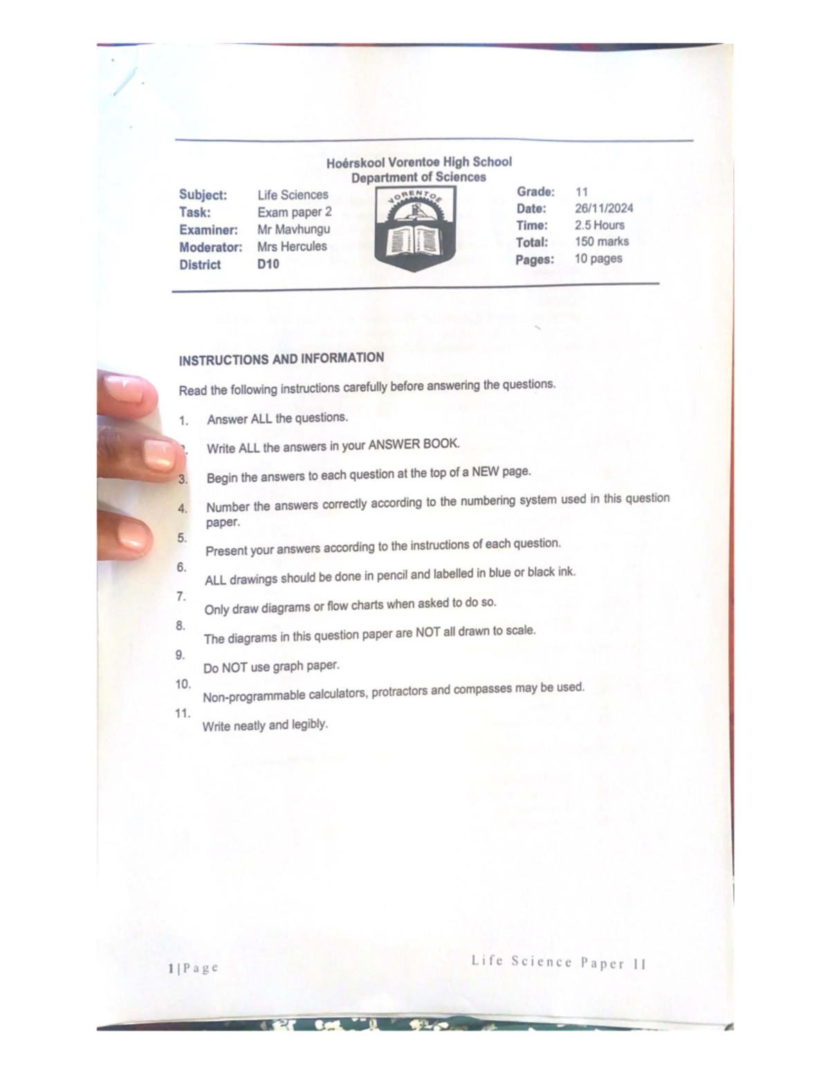 Life Sciences Exam Paper II VORENTOE Grade 11 - 150 Marks - Studocu