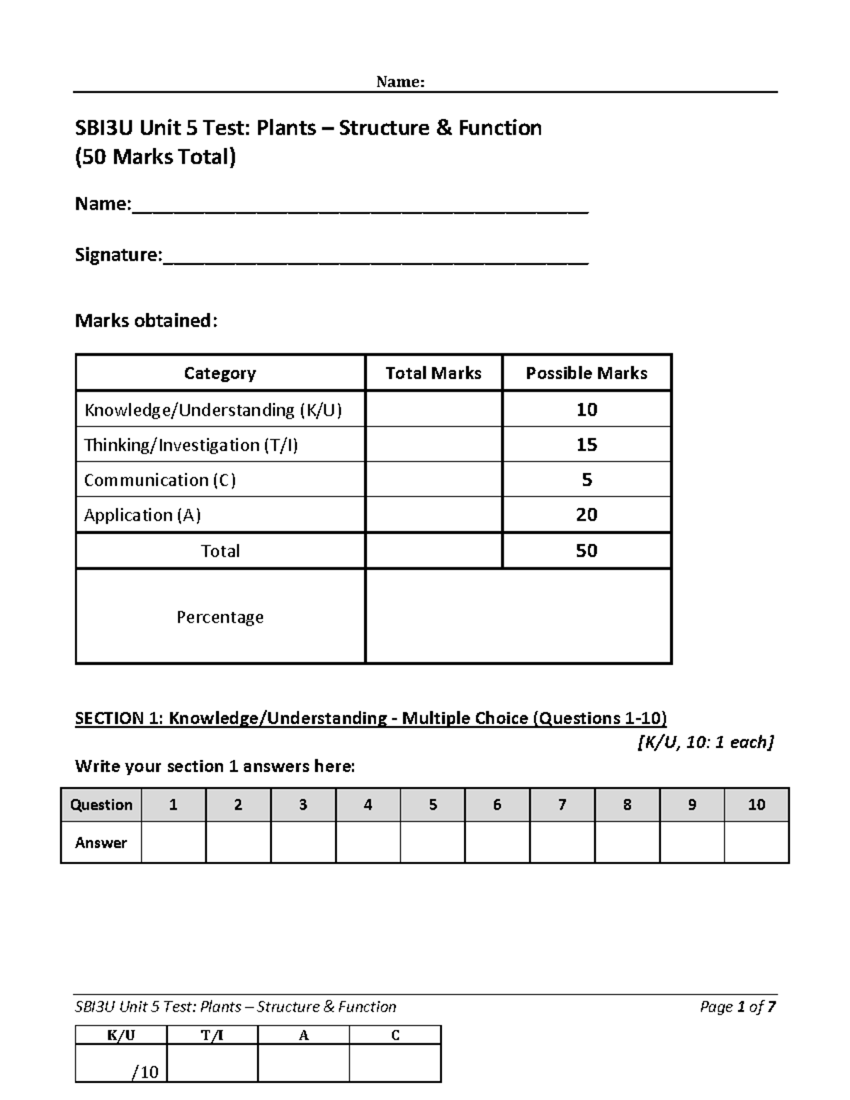 SBI3U Unit 5 Test: Plants – Structure & Function (Student Version ...