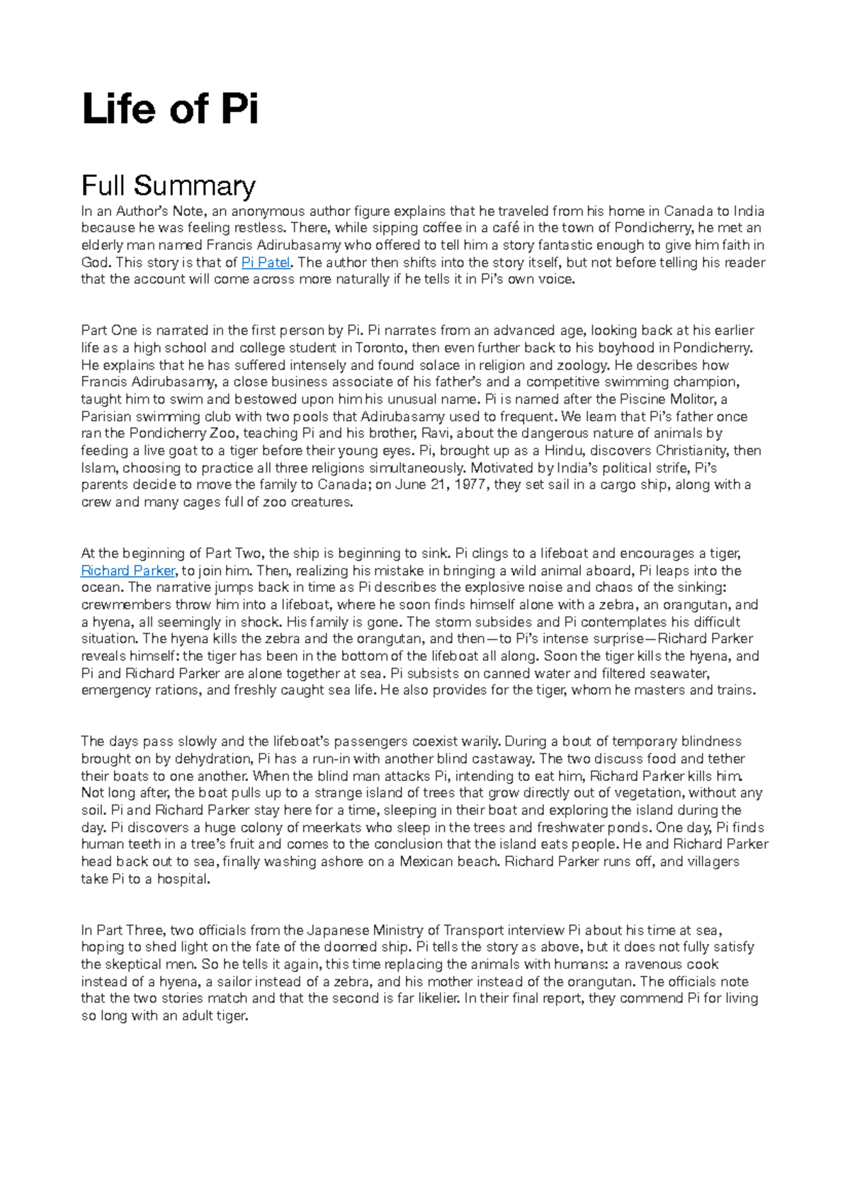 Life of Pi (ENG 101) - Comprehensive Summary and Analysis - Studocu