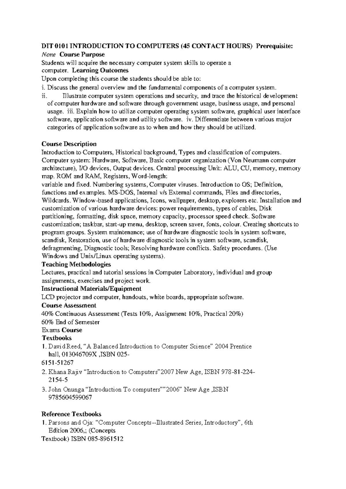DIT 0101 Introduction to Computers Course Overview and Student Outcomes ...