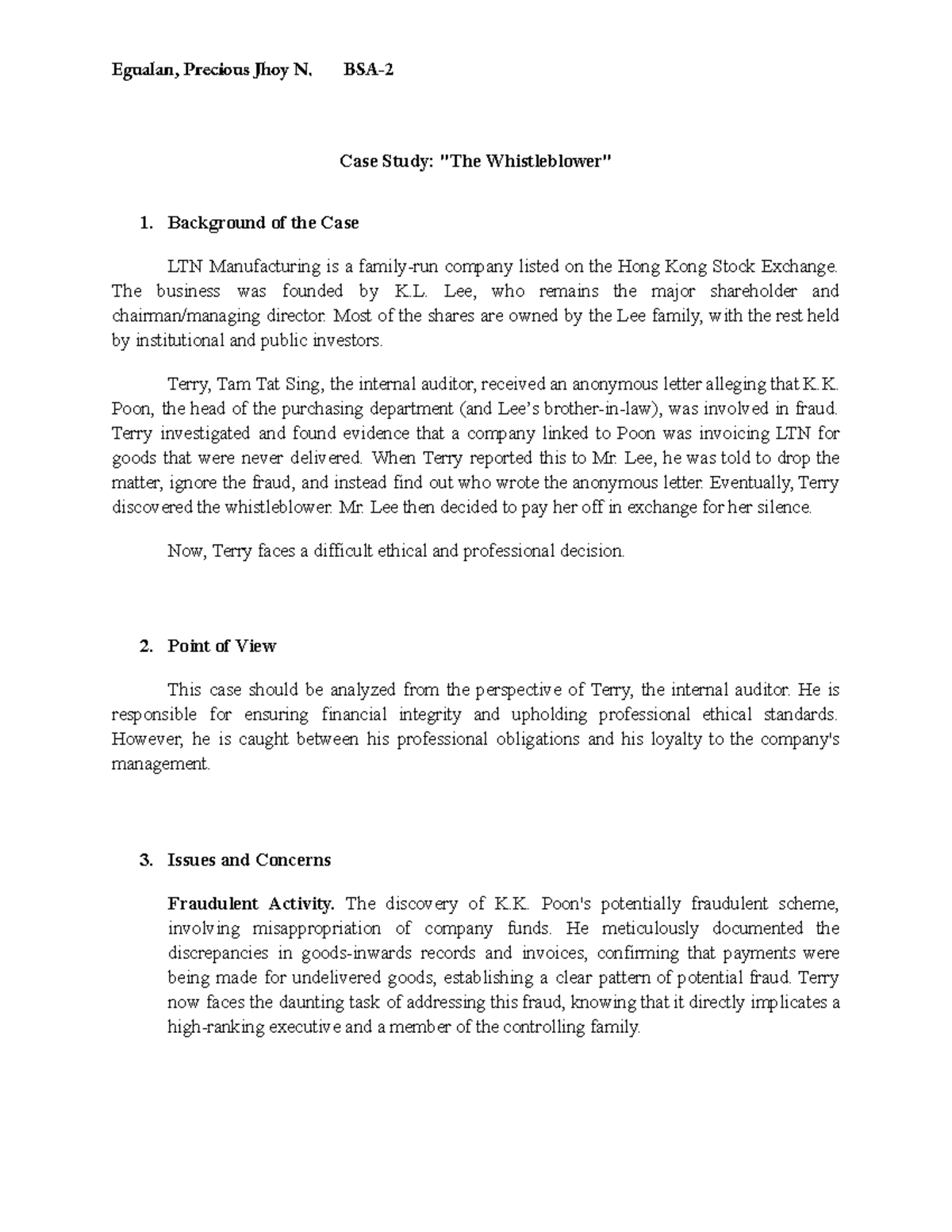 Case Study: The Whistleblower - Ethical Dilemmas in LTN Manufacturing ...