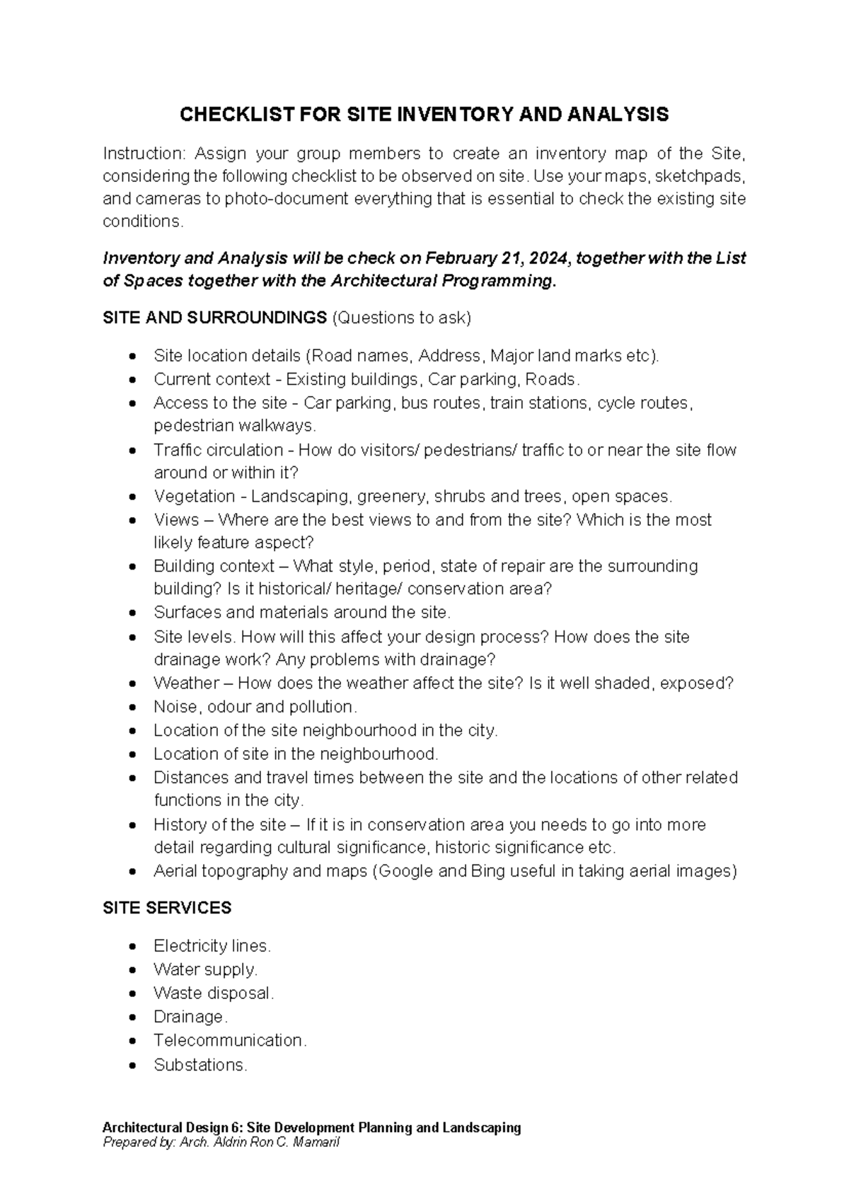 SITE Inventory and Analysis Checklist for Arch Design 6: Site Dev ...