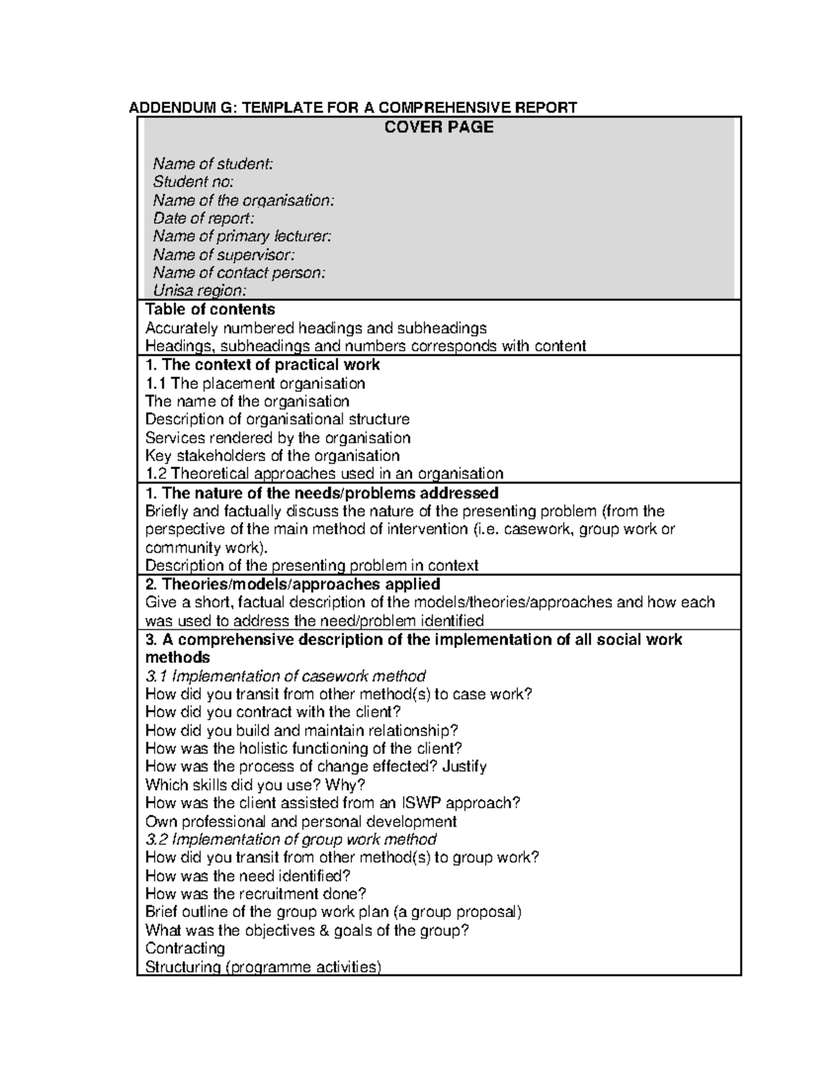 Comprehensive Report Template for Social Work (SWK 101) - Studocu