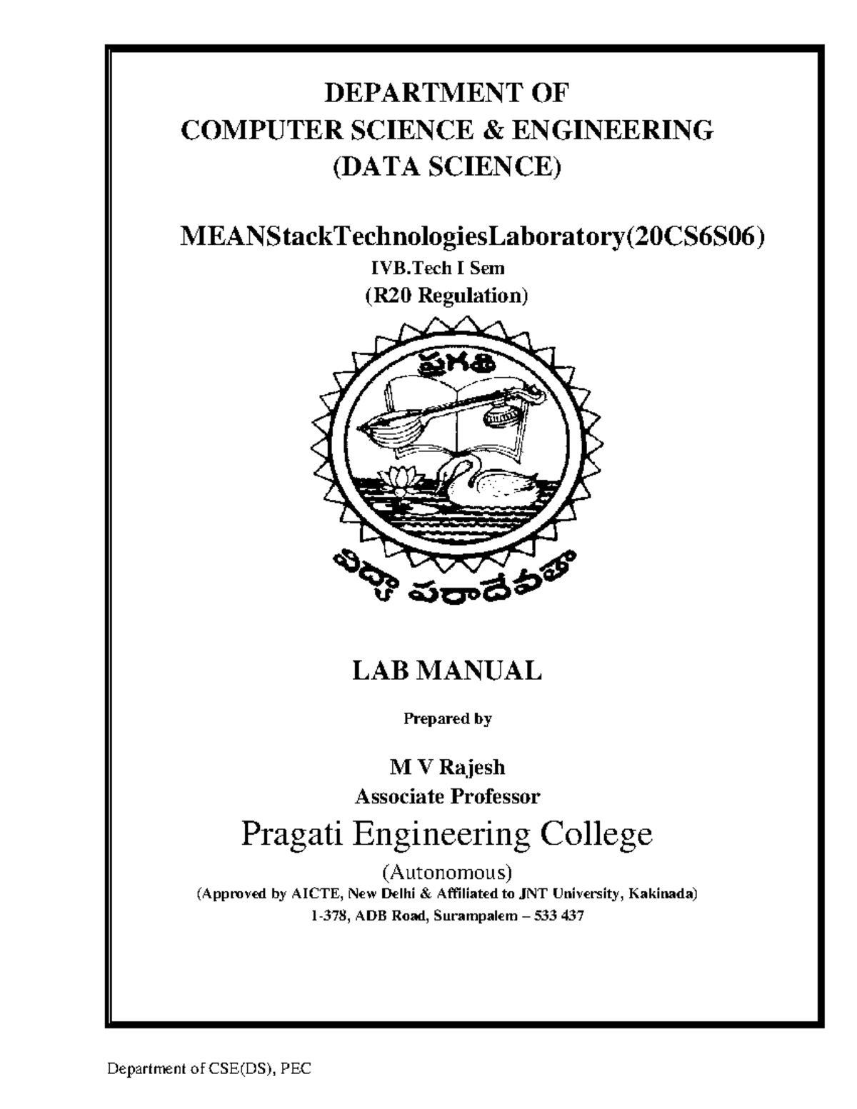 MEAN Stack Technologies Lab Manual (20CS6S06) - M V Rajesh - Studocu