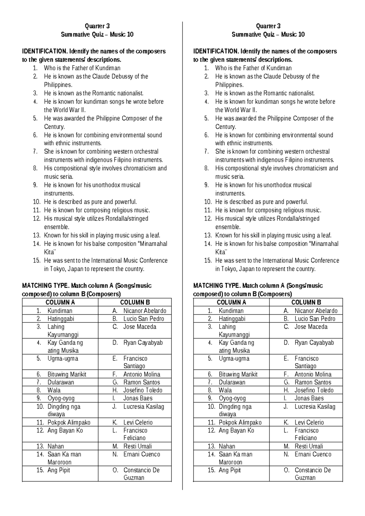 Q3 Summative Quiz: Identifying Composers in Music 10 - Studocu