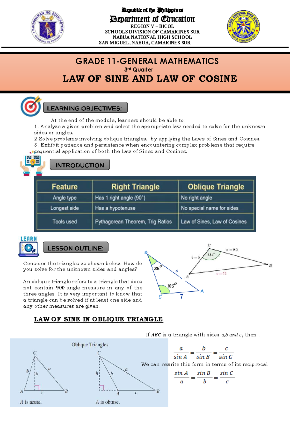 Module: Law of Sine and Law of Cosine - Grade 10 Mathematics - Studocu