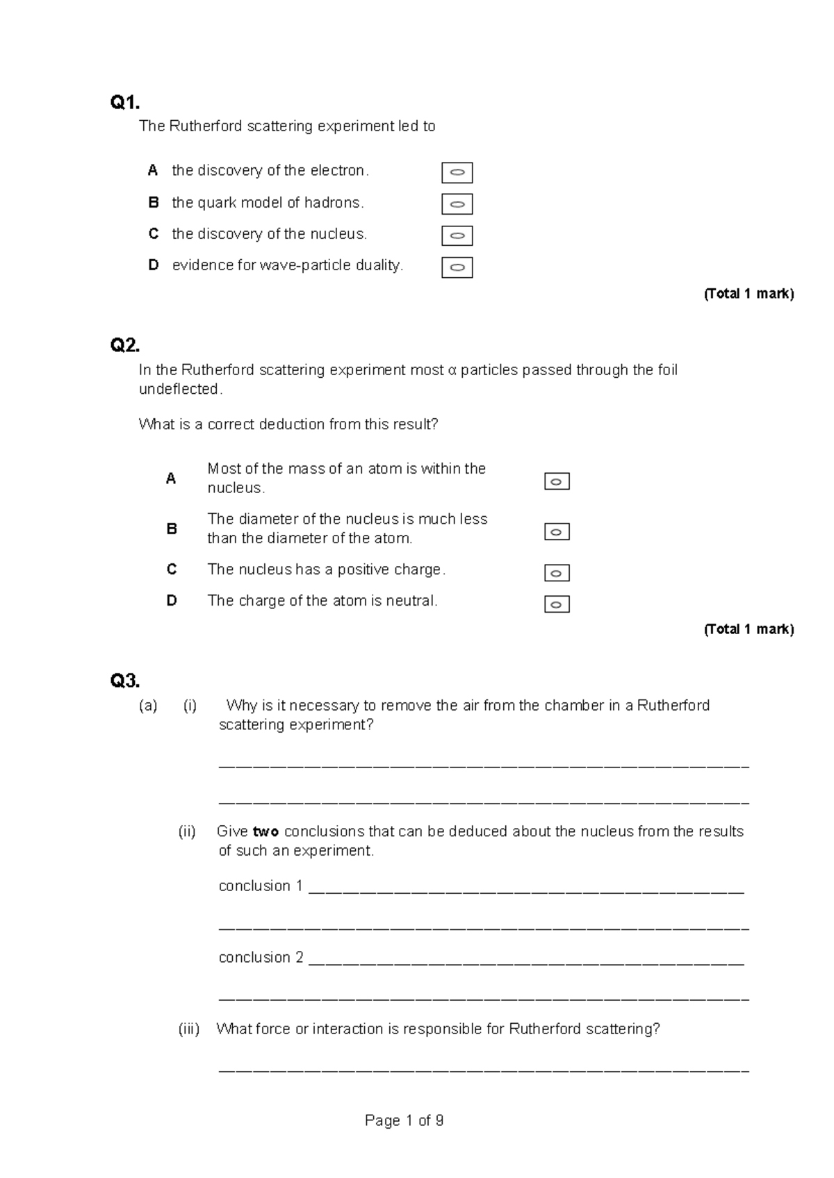Rutherford Scattering Experiment Prep Questions & Mark Scheme (PHYS 101 ...