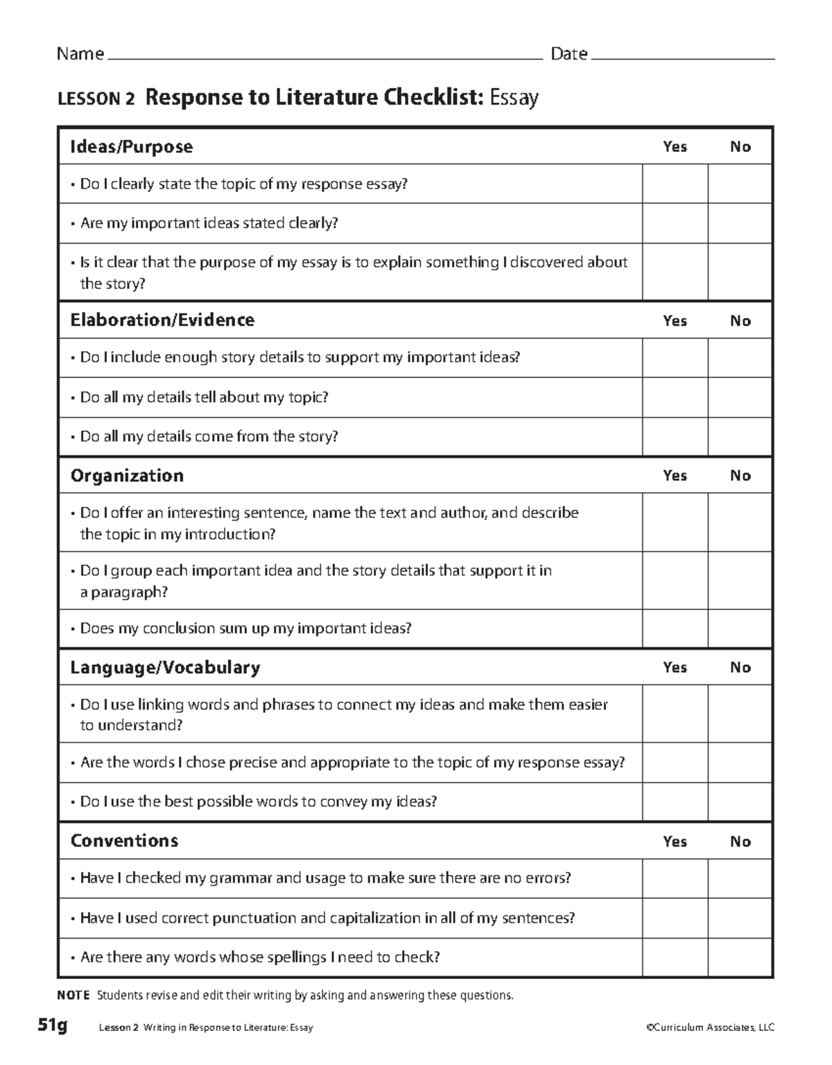 ENG 101 LESSON 2 Response to Literature Essay Checklist - Studocu