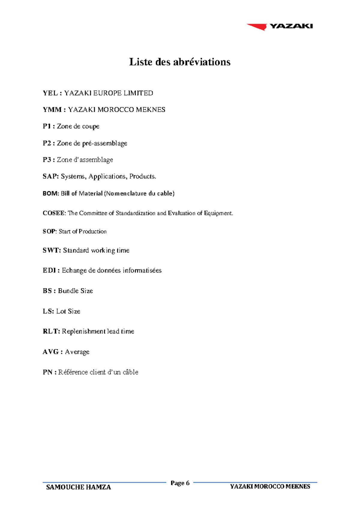 Rapport de Stage YAZAKI - Analyse et Amélioration des Processus - Studocu