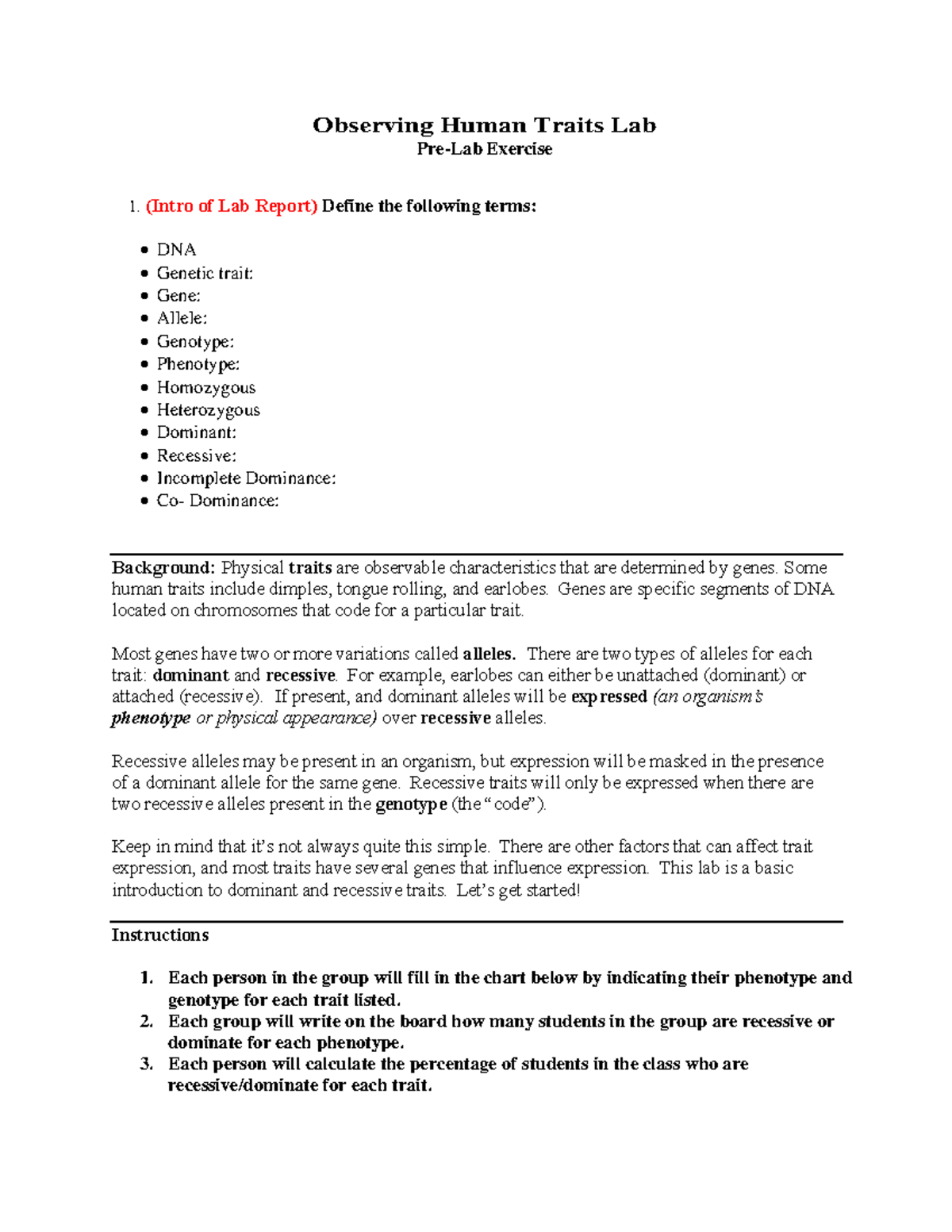 Observing Human Traits Lab - Observing Human Traits Lab Pre-Lab ...