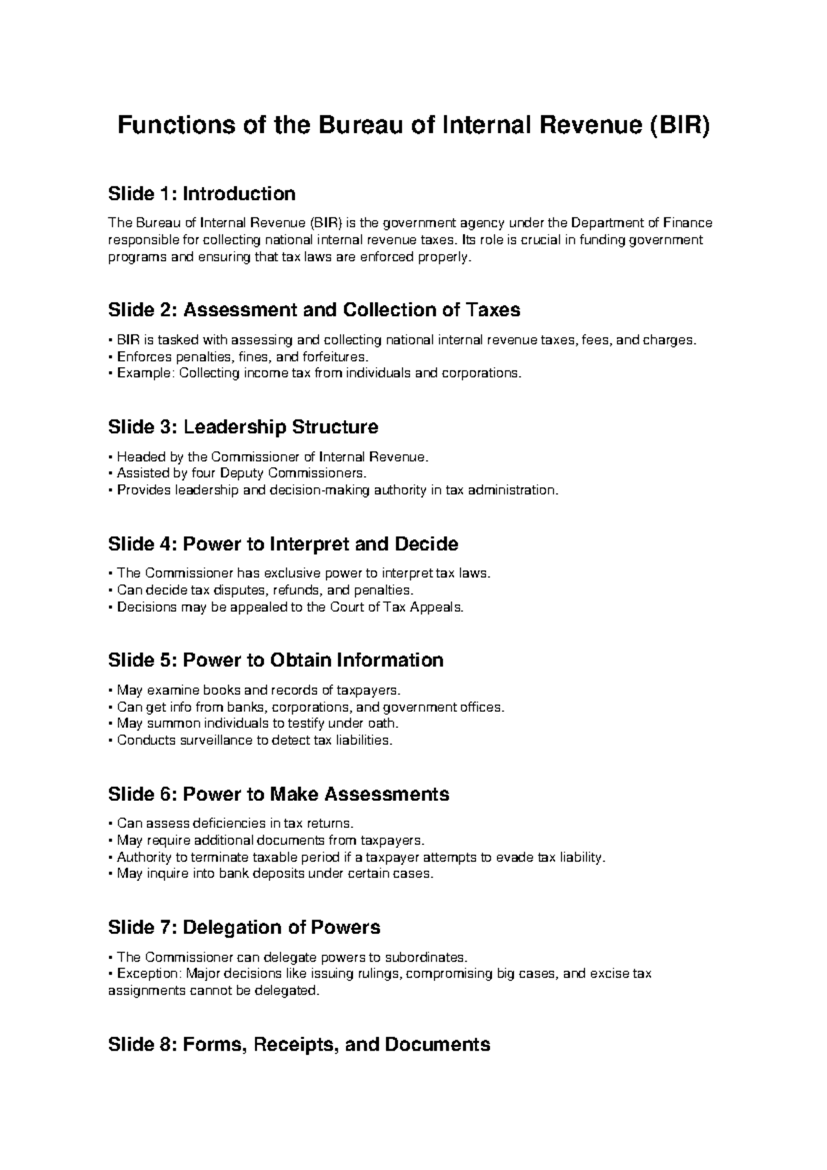 Functions of the Bureau of Internal Revenue (BIR) Overview Slides - Studocu