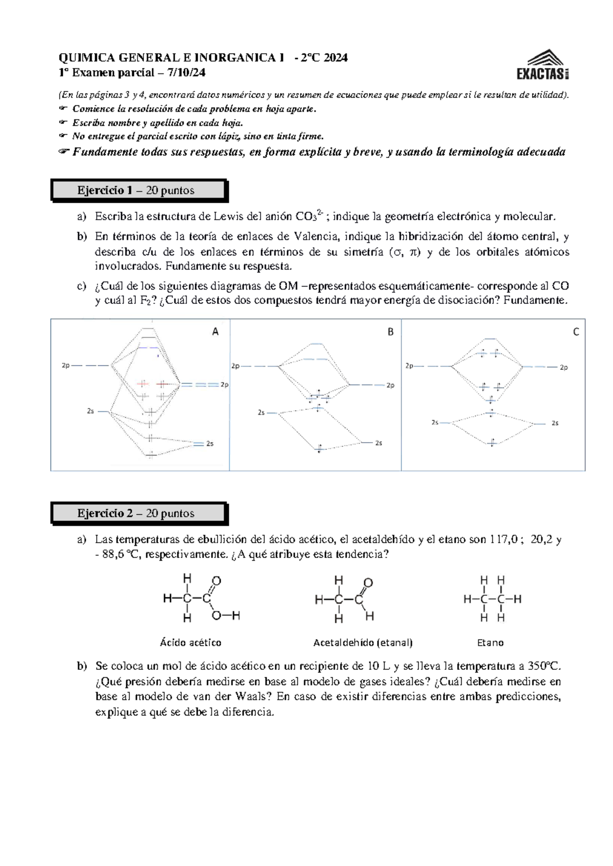 QUIMICA GRAL. e INORGANICA I 2ºC 2024 1º Examen Parcial Detalles y Ejercicios - Studocu