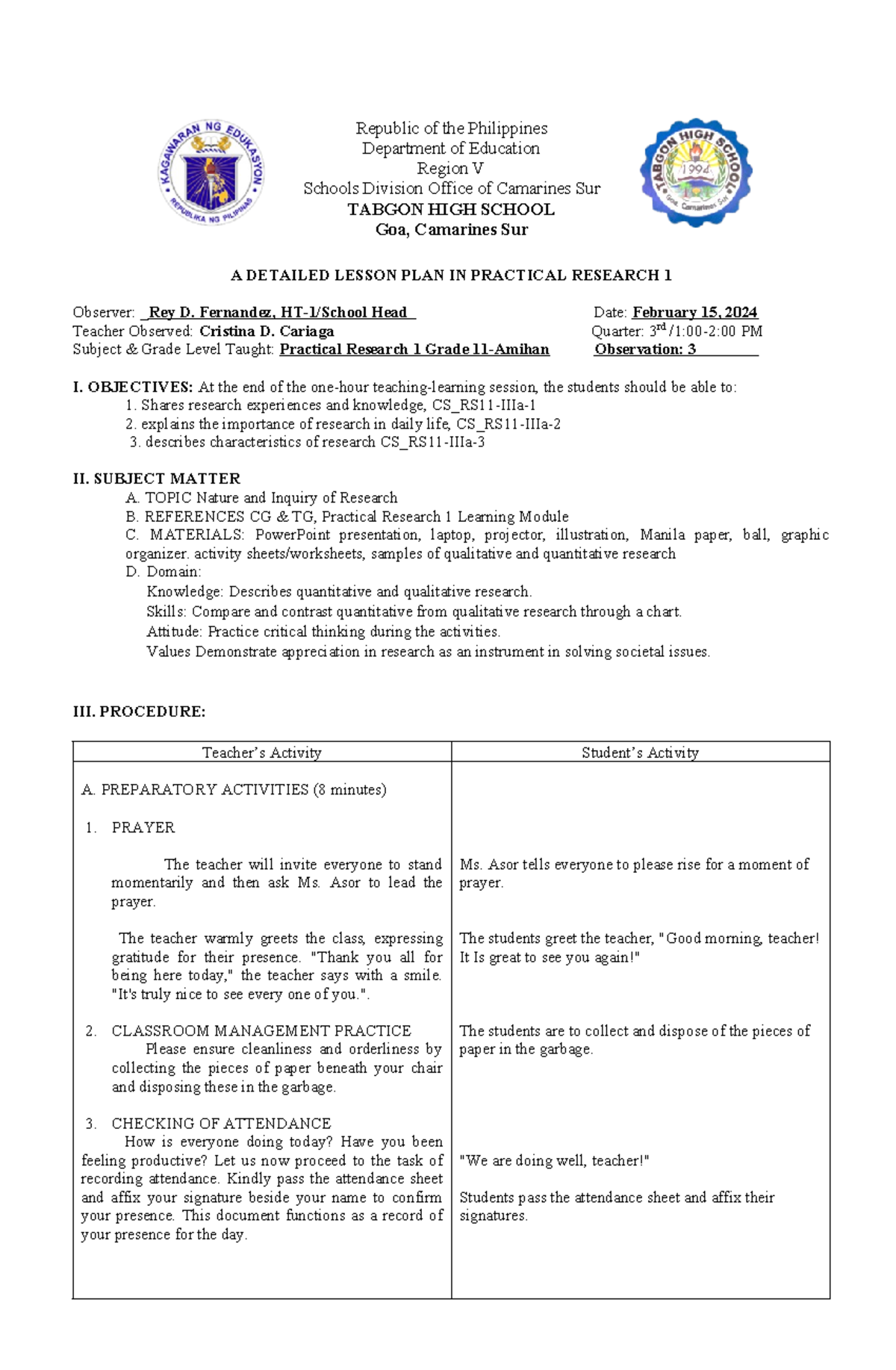Detaile D lesson plan - PLAN - Republic of the Philippines Department ...