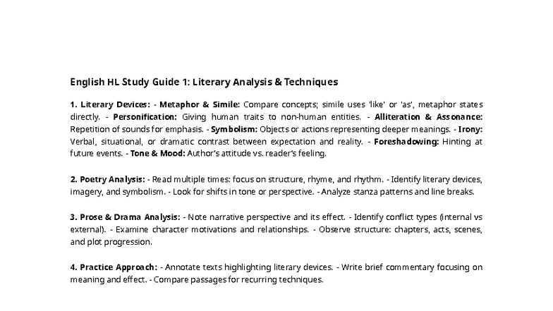 English HL Study Guide 1: Literary Analysis Techniques Overview - Studocu