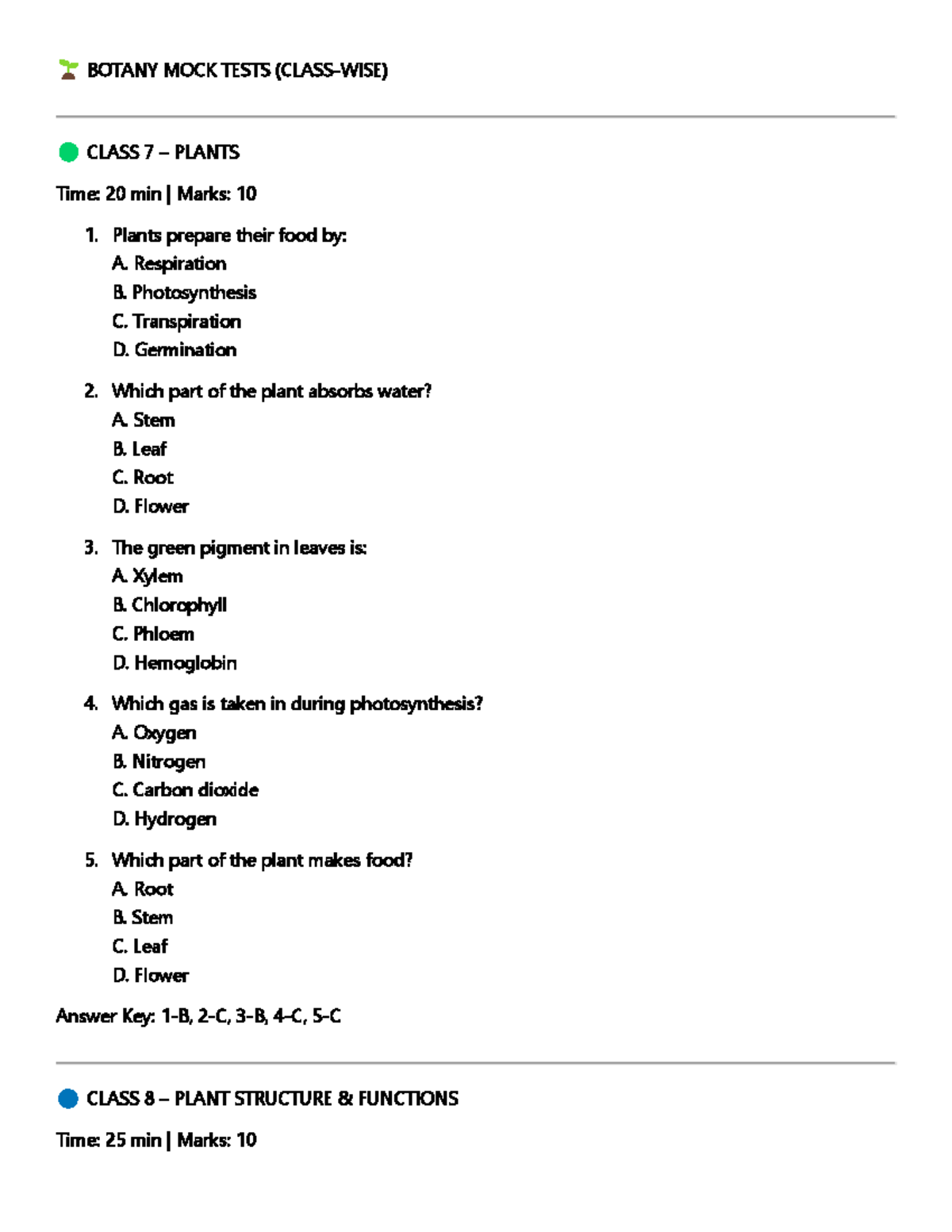 Botany Mock Tests for Class 7, 8, and 9 - Plant Physiology - Studocu