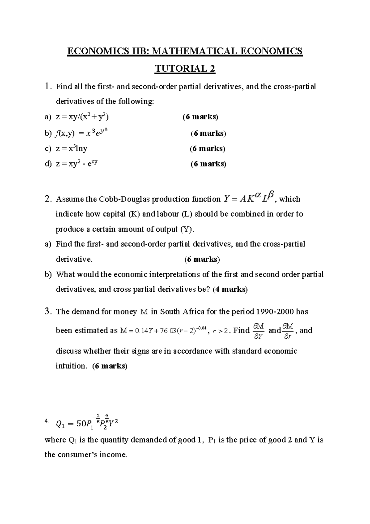ECONOMICS IIB: Multivariable Functions Tutorial 2 - Studocu