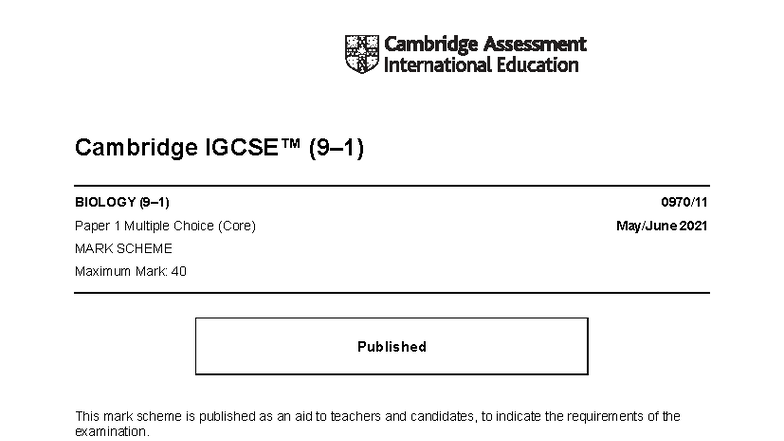Cambridge IGCSE BIOLOGY 0970/21 Paper 1 MCQ Mark Scheme - Studocu