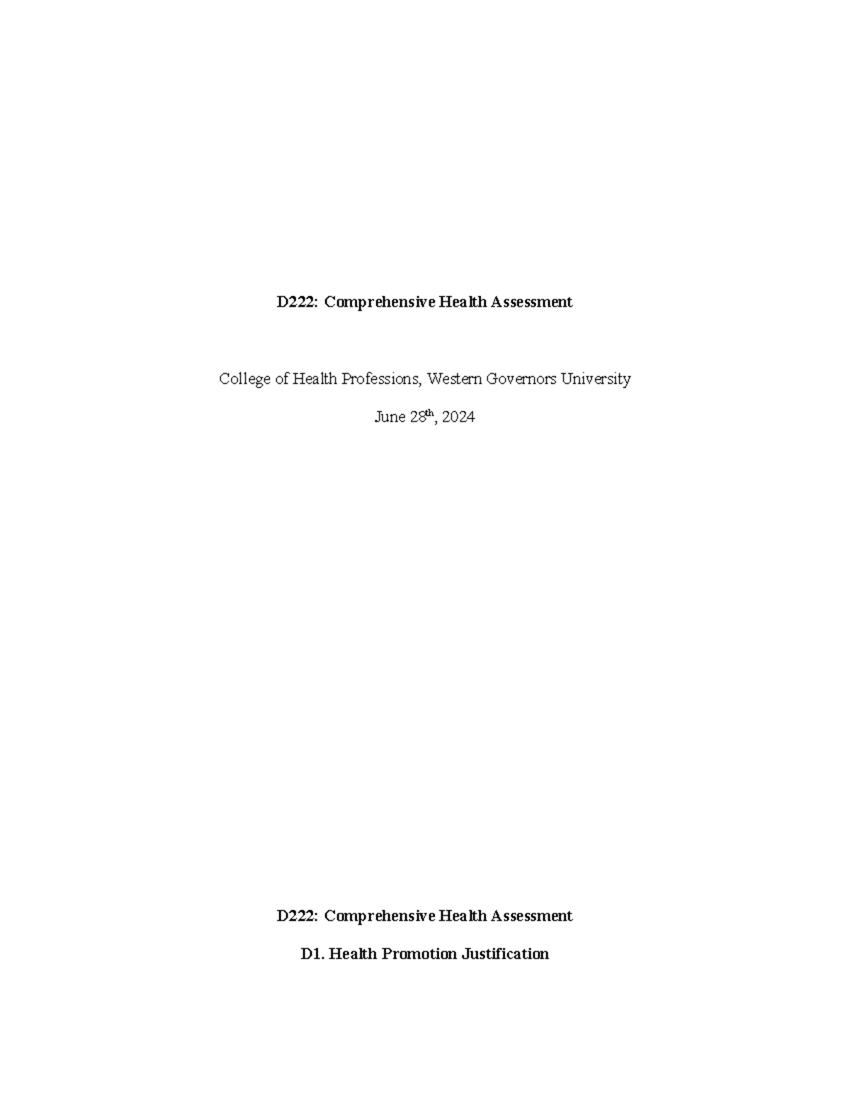 D222 Comprehensive Health Assessment: Health Promotion & SMART Goals ...